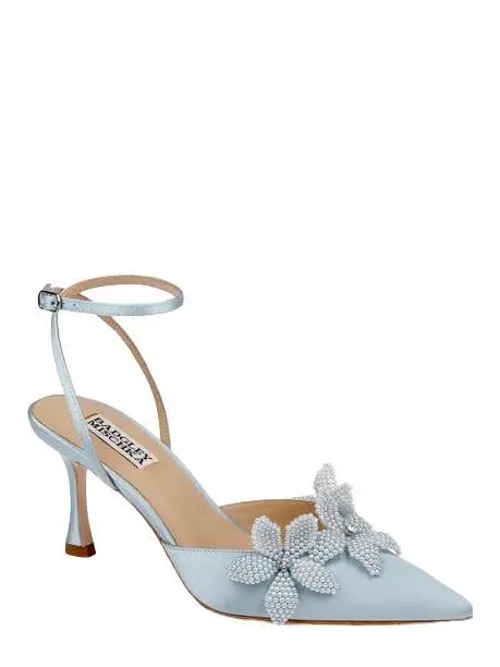 Badgley Mischka Whitman Pointed Toe Pump With Ankle Strap - Mist Blue Satin