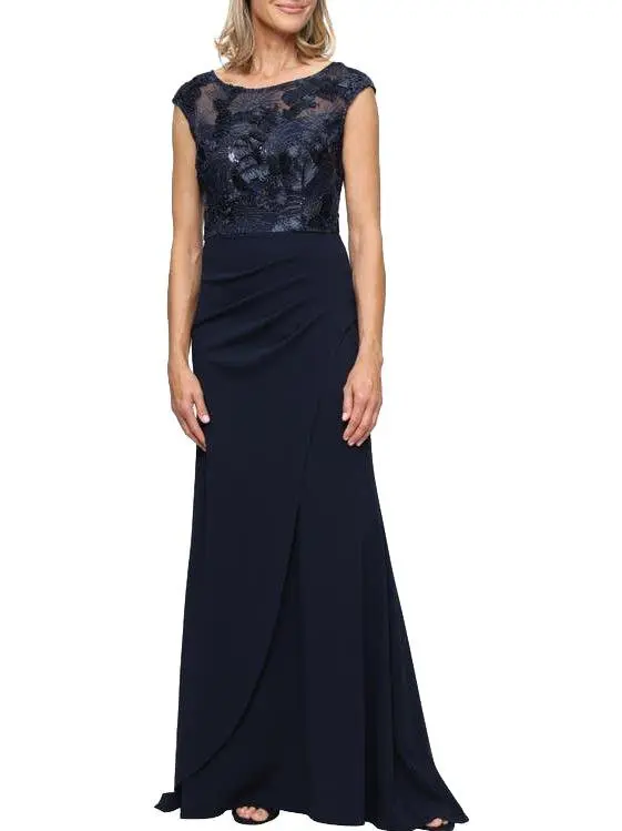 Alex Evenings Soutache Crepe Gown - Navy
