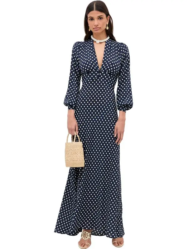 Rixo Emory Runway Spot Silk Maxi Dress - Navy