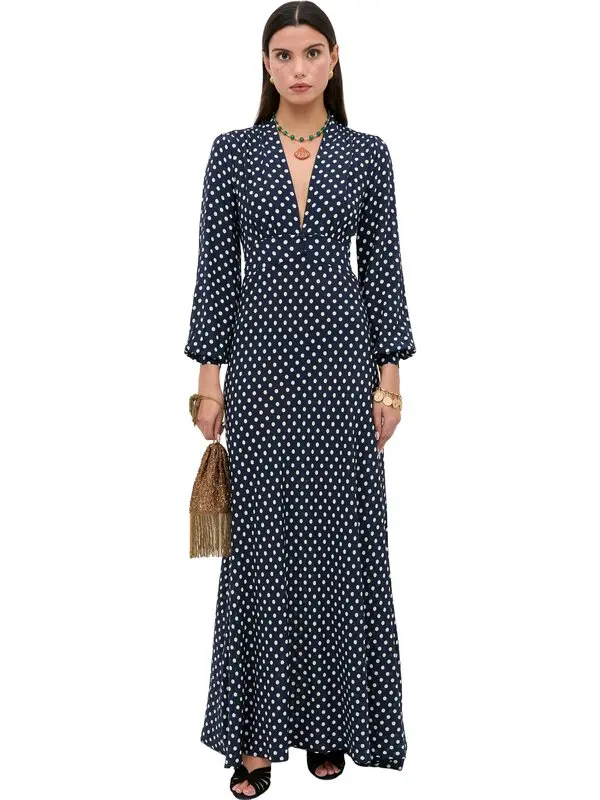 Rixo Emory Runway Spot Silk Maxi Dress Regular - Navy