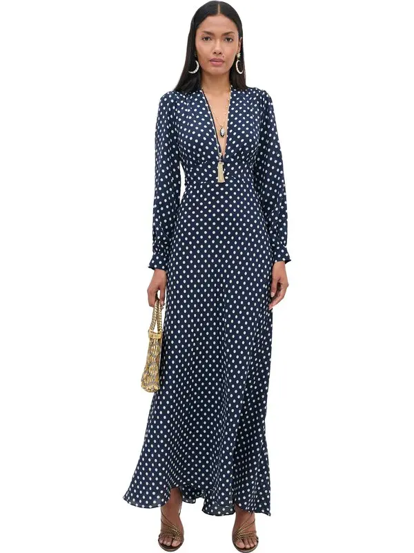 Rixo Emory Runway Spot Silk Maxi Dress - Navy