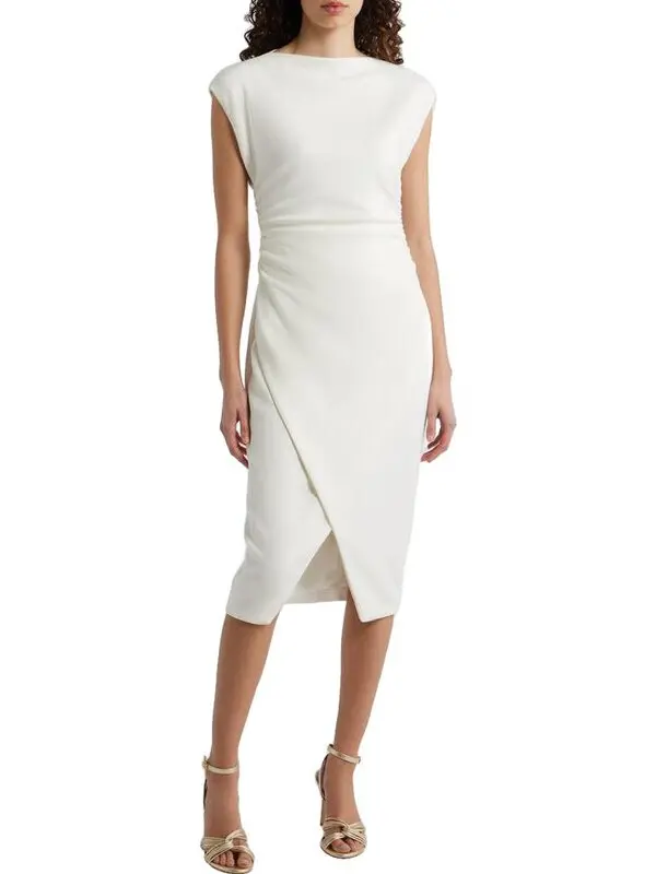 Vince Camuto Cap-sleeve Ruched Scuba Crepe Midi Dress - Ivory