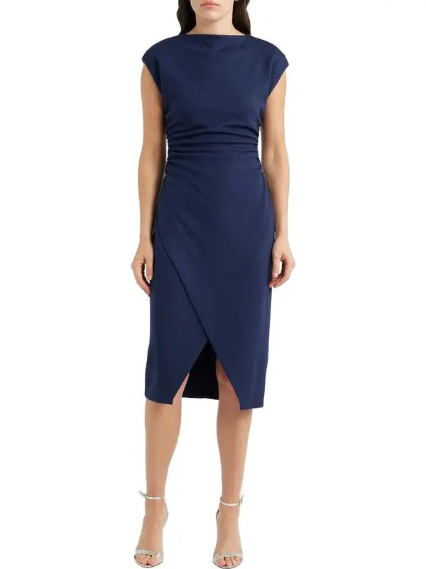 Vince Camuto Cap-sleeve Ruched Scuba Crepe Midi Dress - Navy