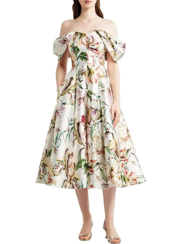 Eliza J Off-the-shoulder Floral Midi Dress - Ivory Mult