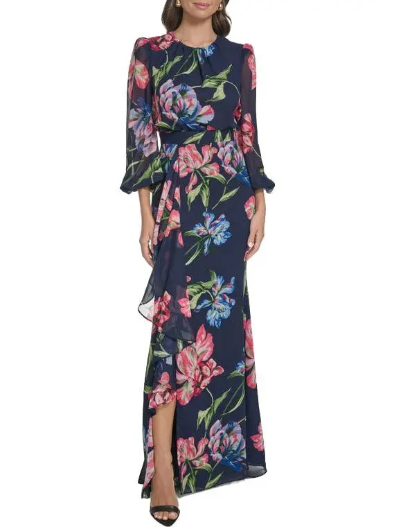 Eliza J Floral Long Sleeve Chiffon Maxi Dress - Navy