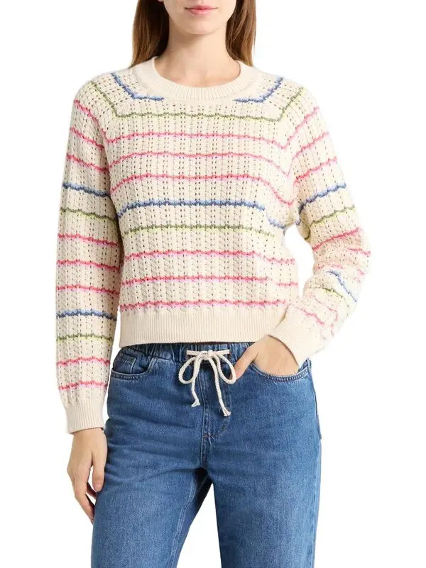 Marine Layer Mina Cotton Pointelle Sweater - Ivory Multi Stripe