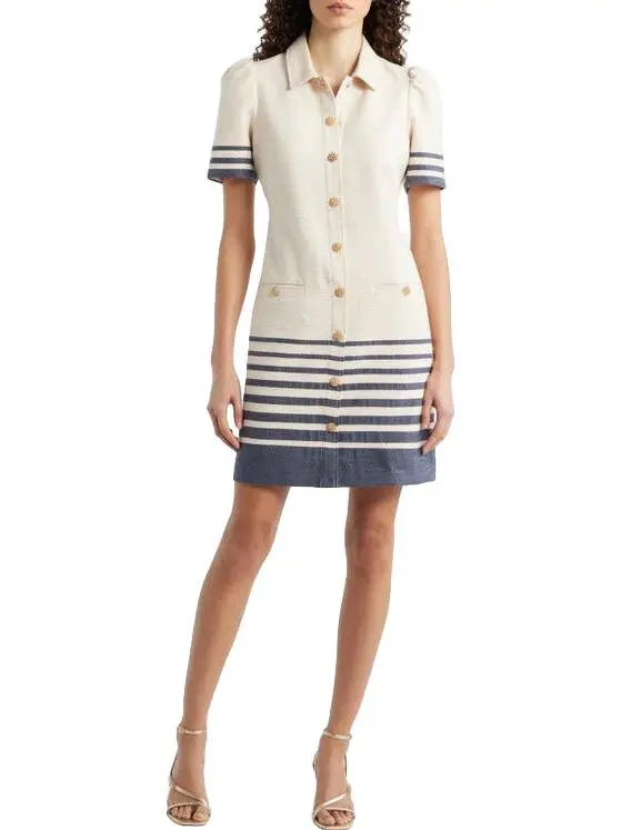 Eliza J Stripe Trim Snap Front Shirtdress - Ivory Navy