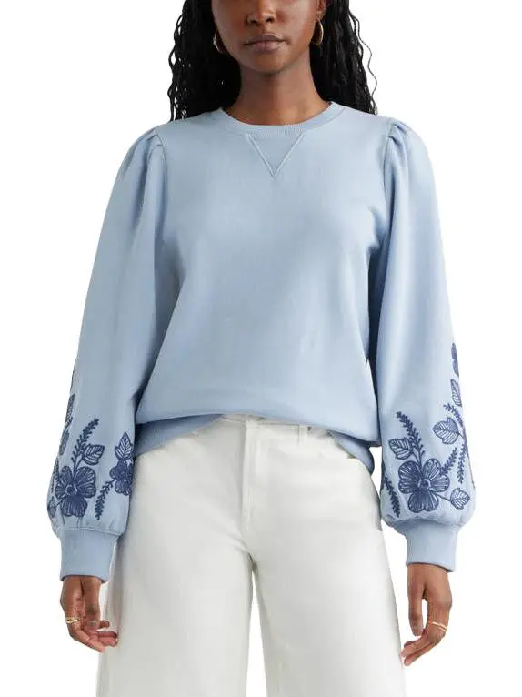 Treasure & Bond Embroidered Sleeve Cotton Sweatshirt - Blue Blizzard Embroidery