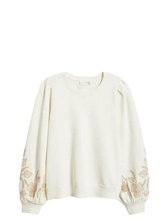 Treasure & Bond Embroidered Sleeve Cotton Sweatshirt - Ivory Egret Embroidery
