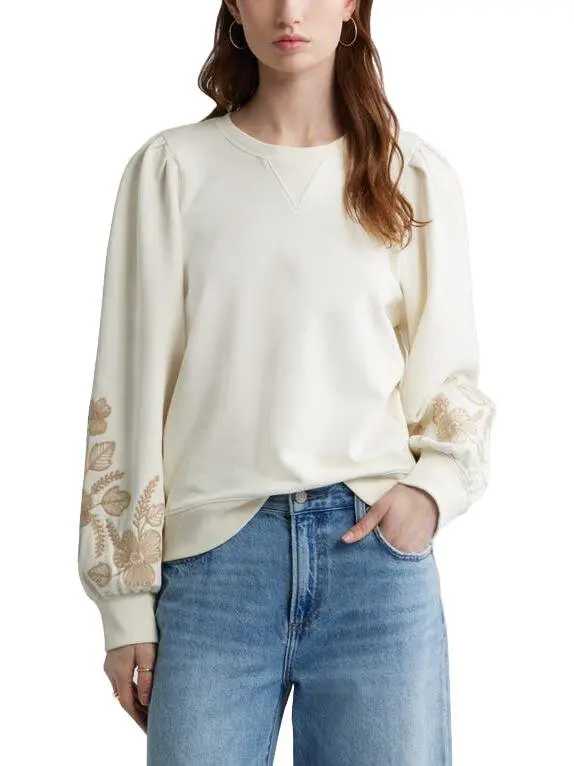 Treasure & Bond Embroidered Sleeve Cotton Sweatshirt - Ivory Egret Embroidery