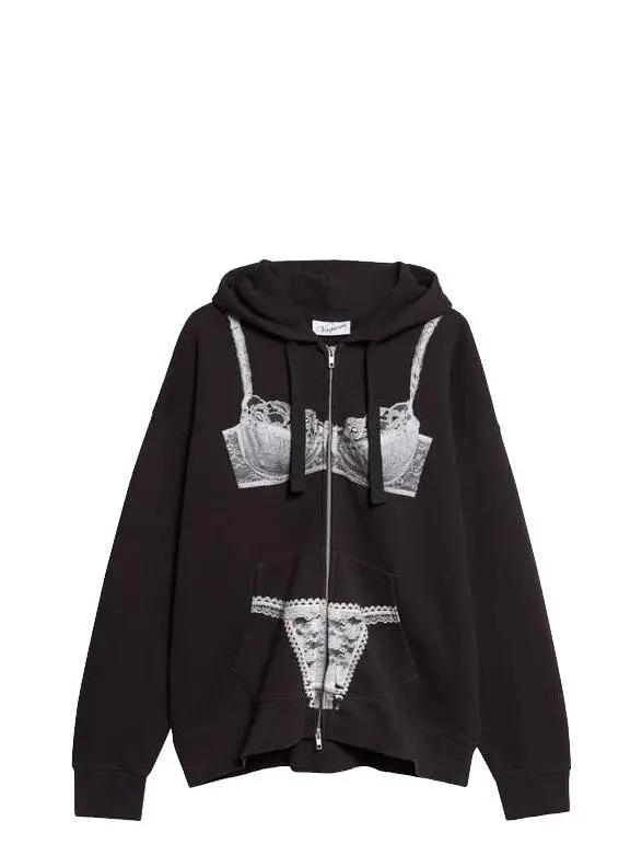 Vaquera Trompe L'oeil Lingerie Oversized Full-zip Hoodie - Washed Black