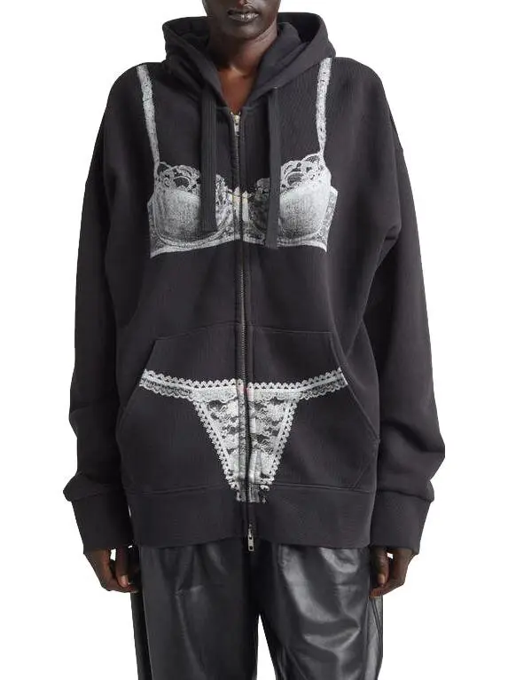 Vaquera Trompe L'oeil Lingerie Oversized Full-zip Hoodie - Washed Black