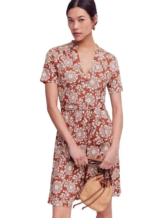 Boden Daisy Short Sleeve Cotton Blend Jersey Dress - Barn Red/ Decorative Blossom