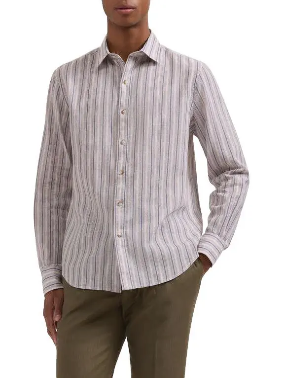 Bugatchi Julian Shaped Fit Stripe Cotton & Linen Button-up Shirt - Camel