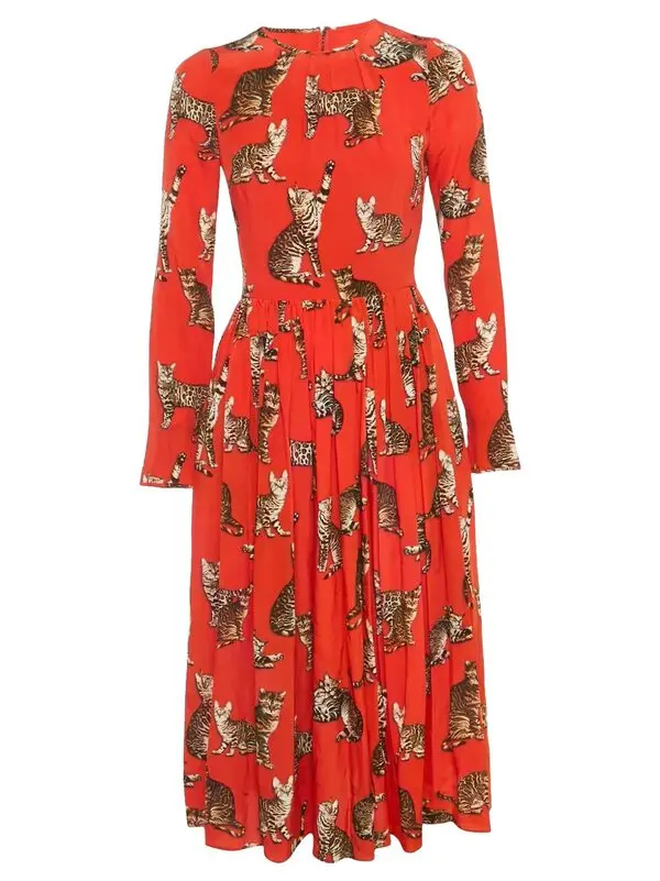 Dolce & Gabbana Long-sleeve Cat-print Midi Dress - Red