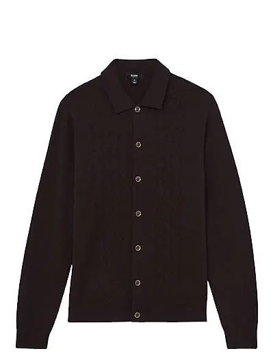 REISS Wool Cardigan With V-stitch Detail - Chocolate Brown