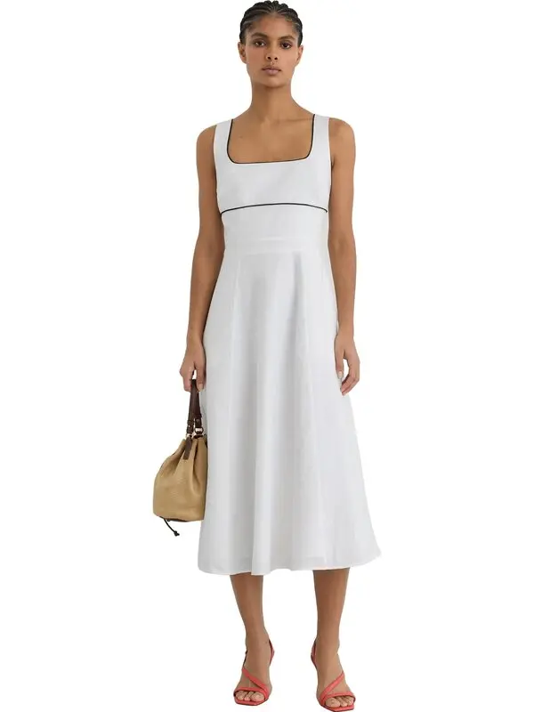 REISS Petite Linen Midi Dress With Contrast Trim - Ivory