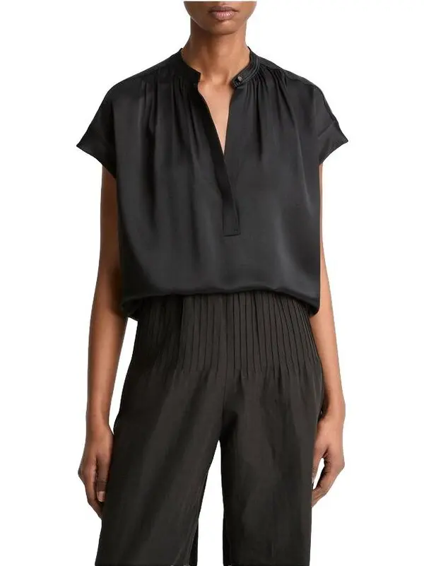 Vince Silk Gathered Cap-sleeve Blouse - Black
