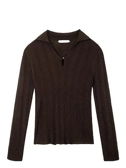 THE WHITE COMPANY Ribbed Wool And Cashmere-blend Polo Top - Dark Choc