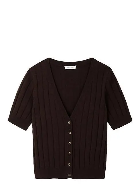 THE WHITE COMPANY Short Sleeve Ribbed Wool-blend Cardigan - Dark Choc