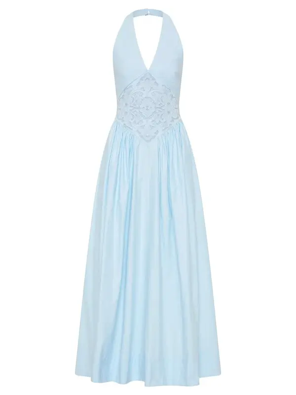 ROAME Maddie Broderie Anglaise Cotton Halter Maxi Dress - Light Blue