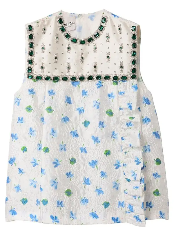 Miu Miu Cloqué Mini-dress With Crystals - White/light Blue