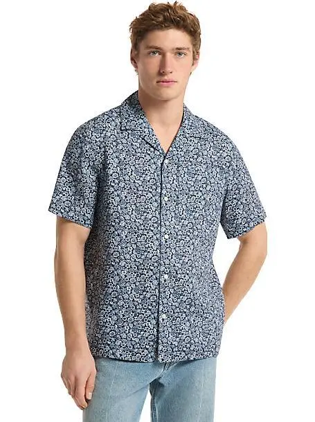 Michael Kors Floral Print Linen Camp Shirt - Blue