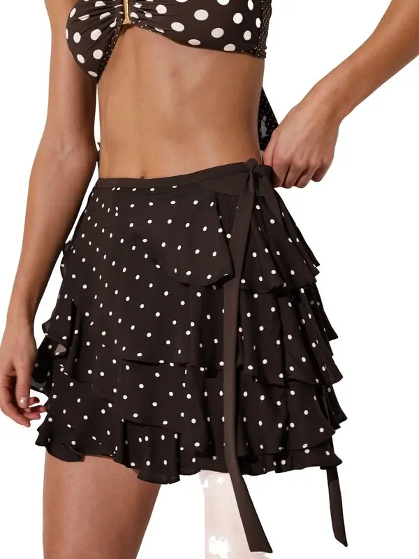 REISS Polka-dot Tiered-ruffle Skort - Chocolate Brown/ivory