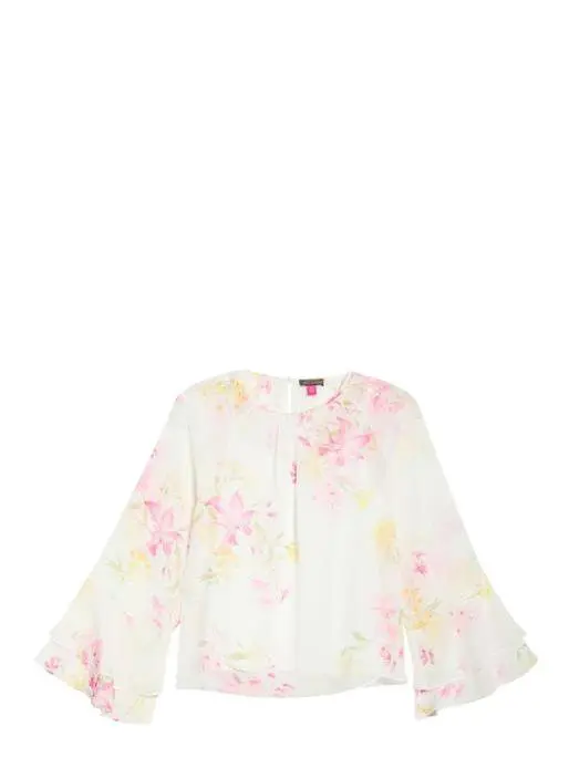 Vince Camuto Floral Ruffle Sleeve Top - Lemon Cream