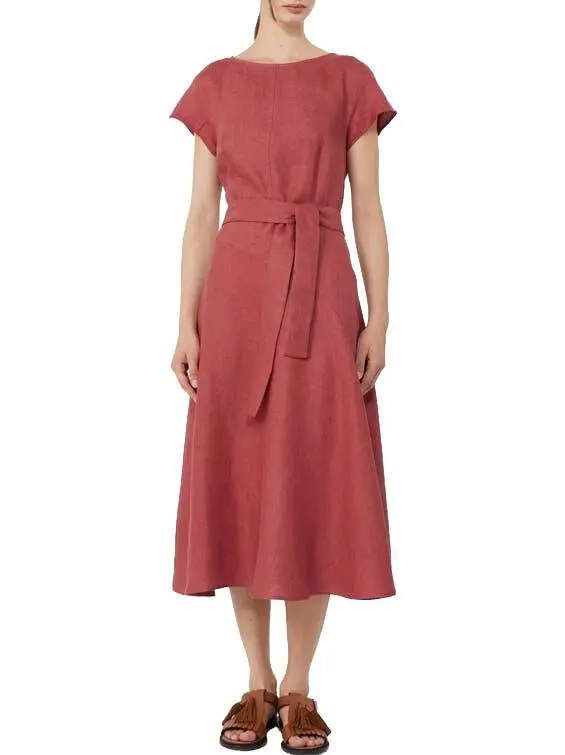 Max Mara Esordio Belted Linen Canvas A-line Midi Dress - Cherry