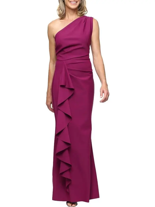 Alex Evenings One-shoulder Cascade Ruffle Contour Gown - Passion