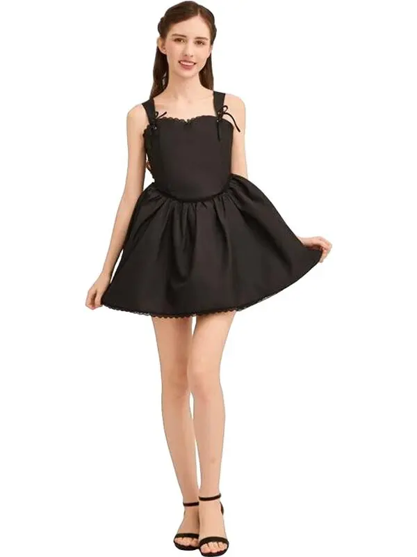 TULLEEN Lace Trim Flared Dress - Black
