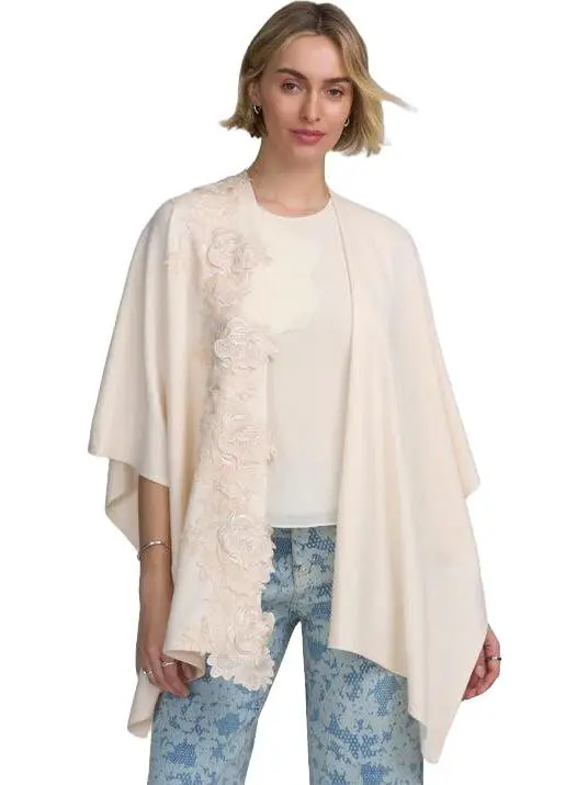 ELLE COLLECTION Fine Gauge Draped Cardigan With Lace Applique - Ivory