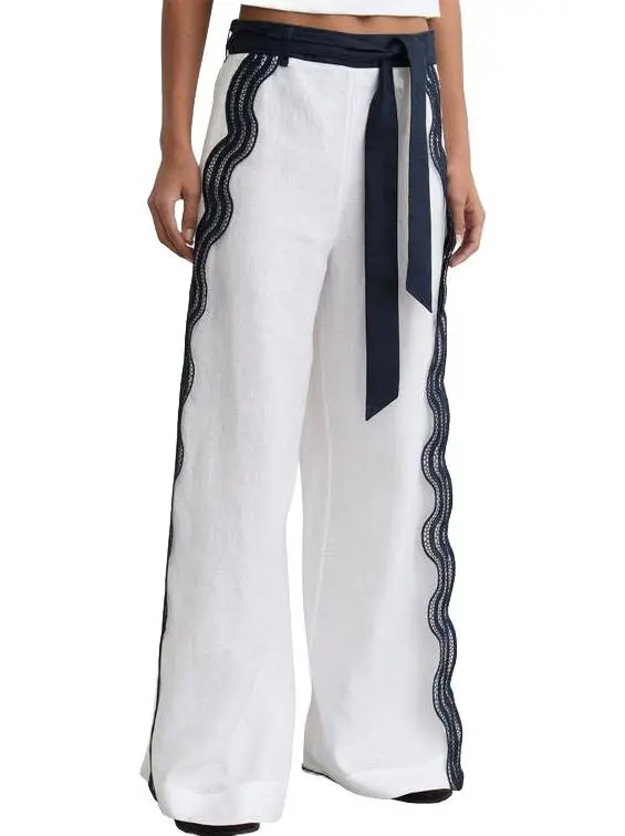 REISS Embroidered Linen Pants - Ivory/navy