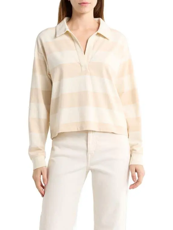 Marine Layer Luxe Rugby Stripe Sueded Cotton Top - Tonal White Stripe