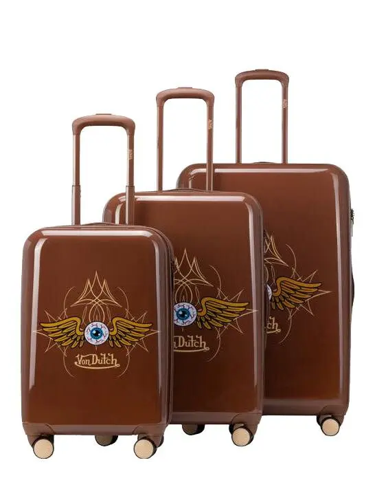 VON DUTCH Kustom Kulture 3-piece Hardside Spinner Luggage Set - Brown Eyeflight