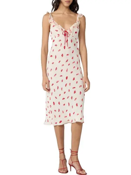 Diane Von Furstenberg Christina Lip Print Ruffle Sleeve Midi Dress - Bisous Bisous Cloud Ivory