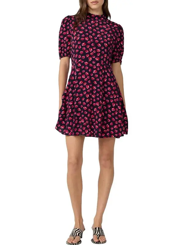 Diane Von Furstenberg Dolly Print Mock Neck Minidress - Hibiscus Dot Maritime