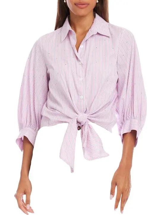 Karen Kane Embellished Striped Tie Front Top - Pink
