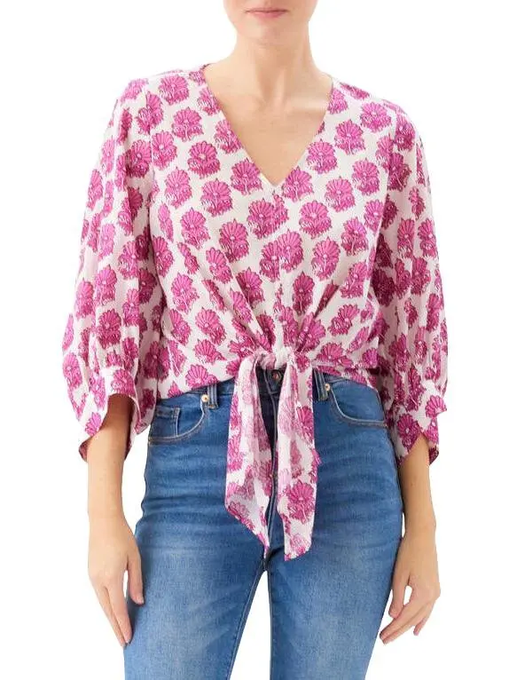 Karen Kane Batik Print Tie Front Cotton Top - Pink Print
