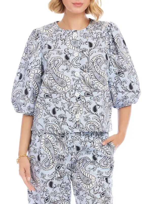 Karen Kane Puff Sleeve Button-up Top - Blue Paisley