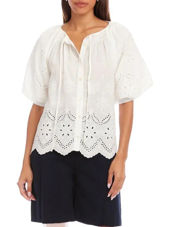 Karen Kane Eyelet Embroidered Button-up Top - White