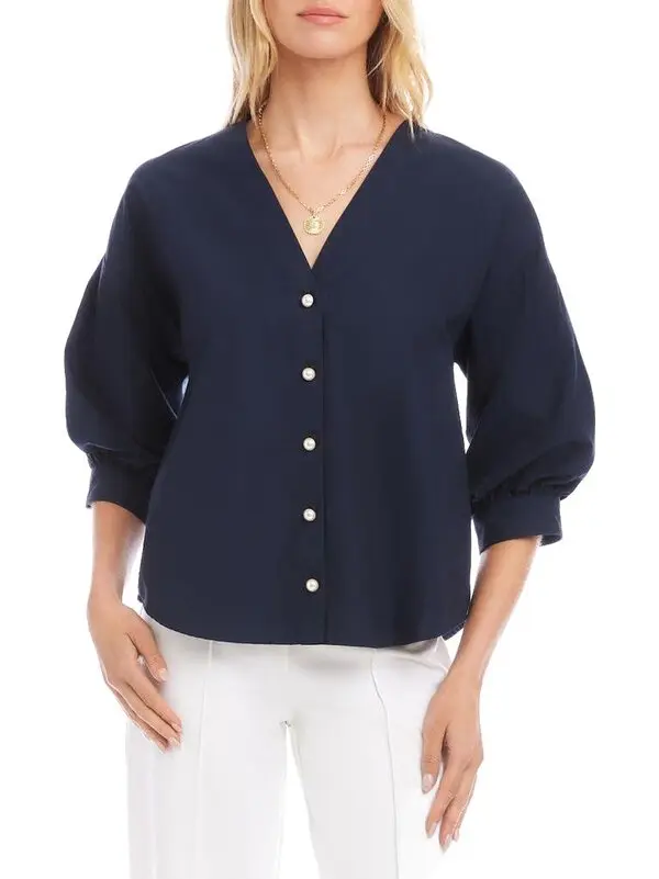 Karen Kane Lantern Sleeve Button-up Shirt - Navy