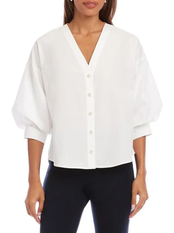 Karen Kane Lantern Sleeve Button-up Shirt - Off White