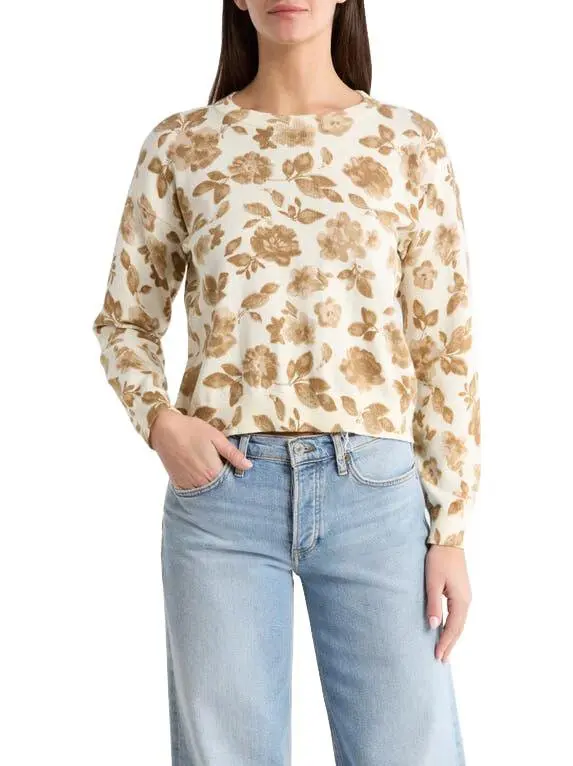 Vince Camuto Floral Cotton Crewneck Sweater - Camel