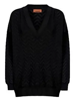 Missoni V-neck Pullover In Viscose And Cotton With Chevron Pattern - Black
