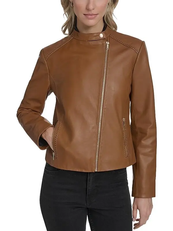 Cole Haan Stand Collar Leather Racer Jacket - Hazelnut