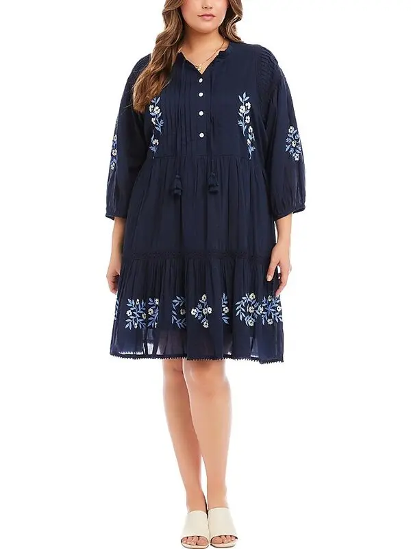 Karen Kane Blouson Sleeve Embroidered Lace Trim Tiered Dress - Navy