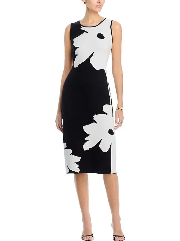 T Tahari Jacquard Graphic Floral Sweater Dress - Black/ White