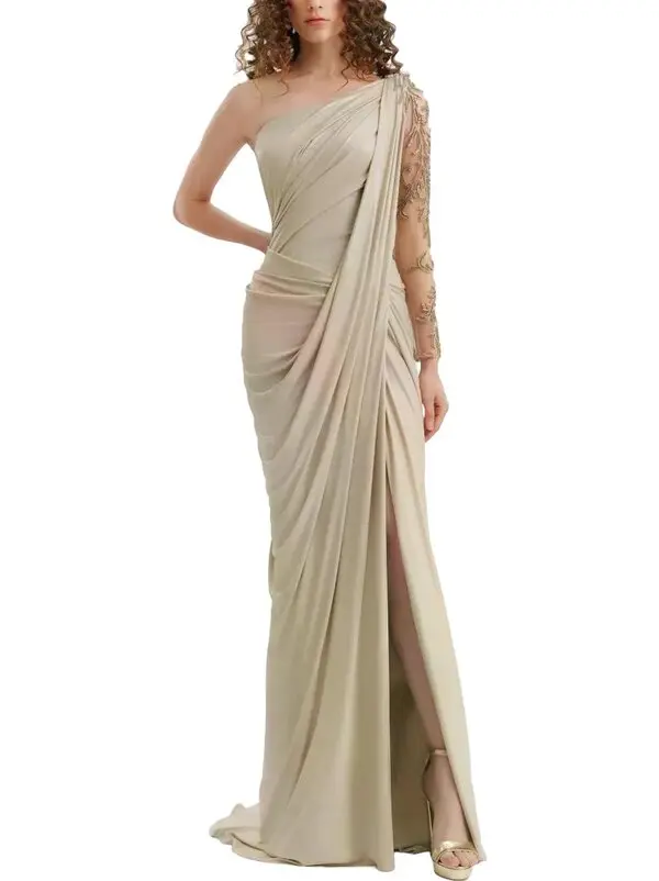 GEMY MAALOUF One-shoulder Beaded Draped Dress - Neutrals